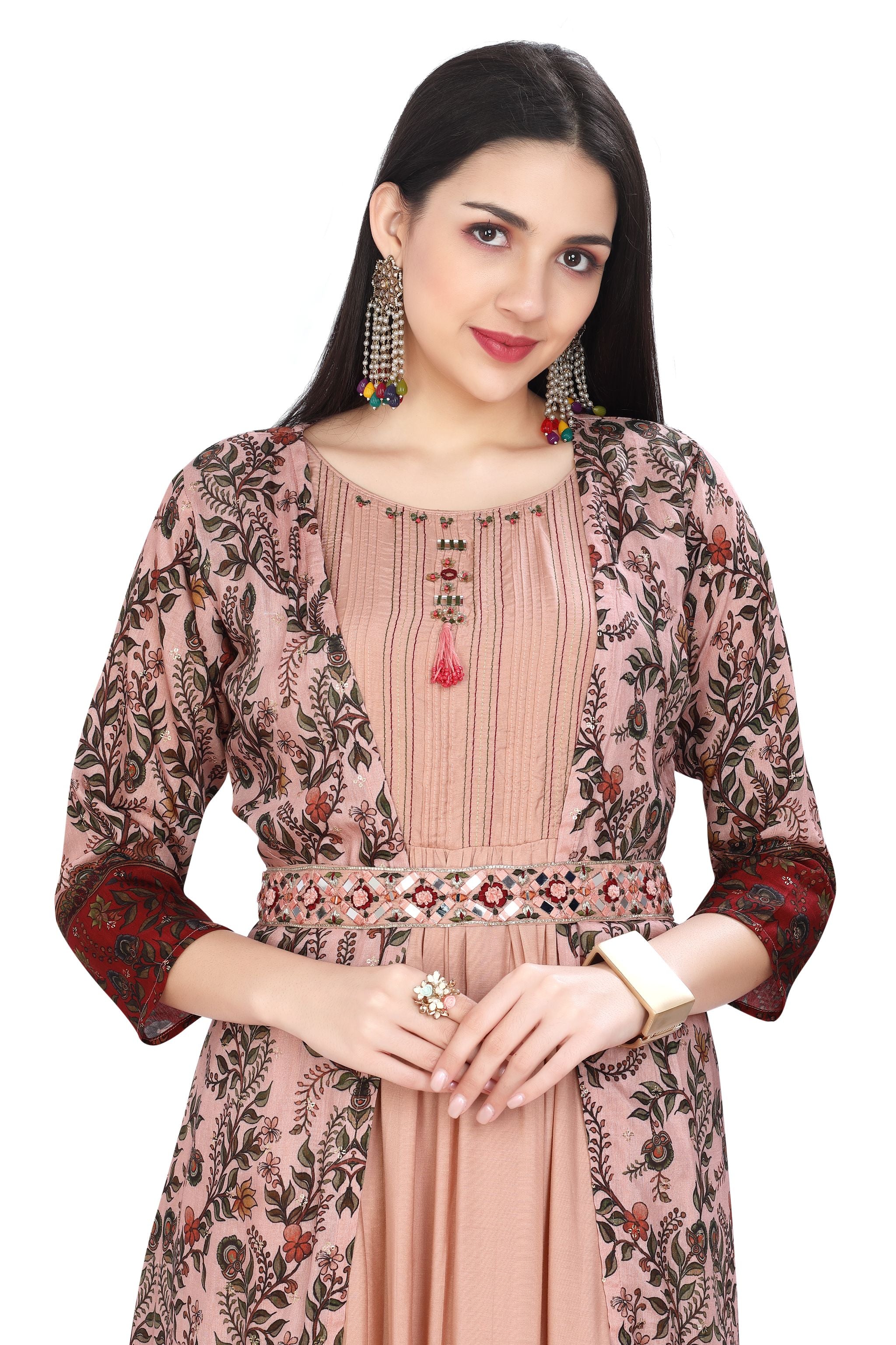 Designer frock style Kurti with Jacket in Kalamkari Print | Party Wear